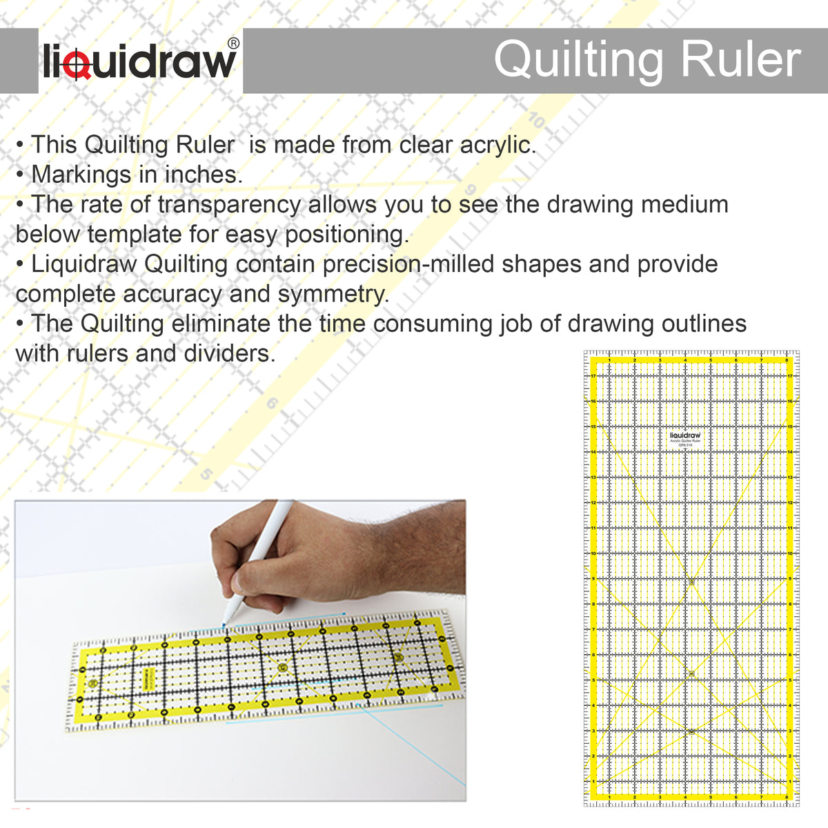Liquidraw Quilting Ruler 8.5" x 18" Acrylic Imperial Patchwork Rectang