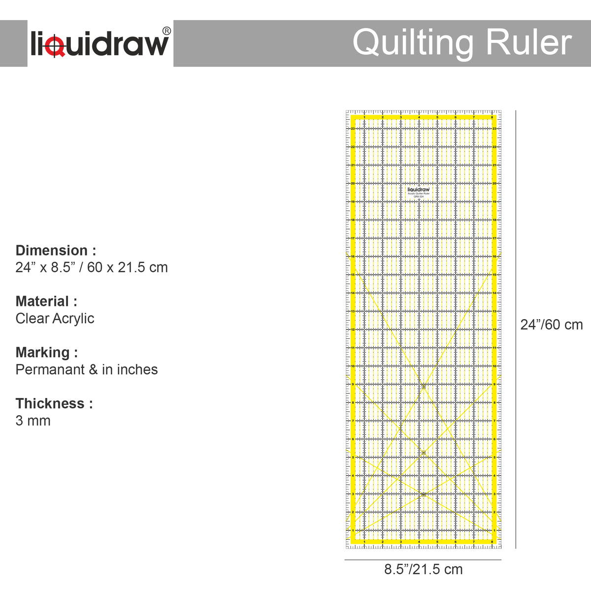 Liquidraw Quilting Ruler 8.5" x 24" Acrylic Imperial Patchwork Rectang