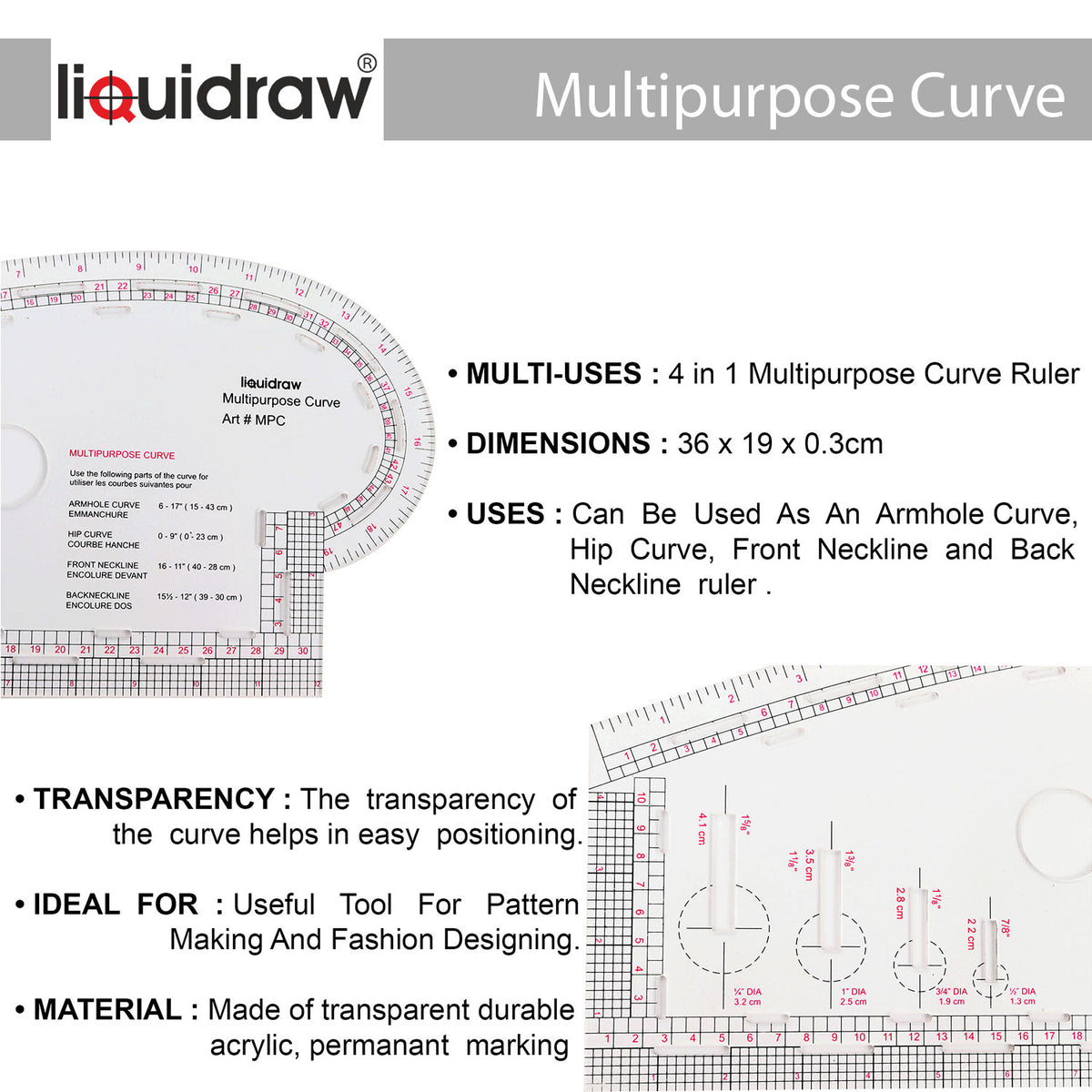 Liquidraw 4 in 1 Multipurpose Curve Ruler Includes Armhole Curve Ruler